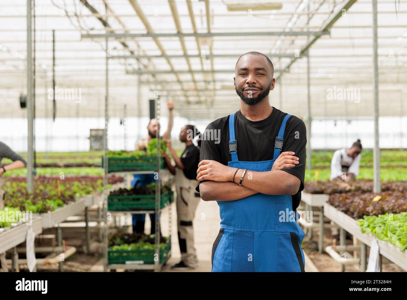Proud smiling african american farm worker after finishing cultivating ...