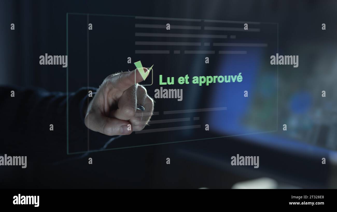 A man click on a check box with his hand to confirm his agreement ...