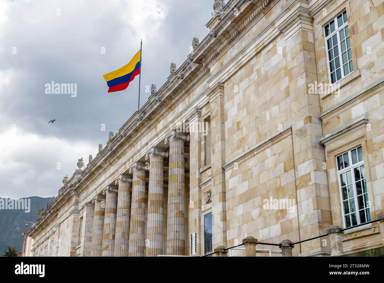 Colombian flag flies on the National Capitol building in Bogota Stock ...