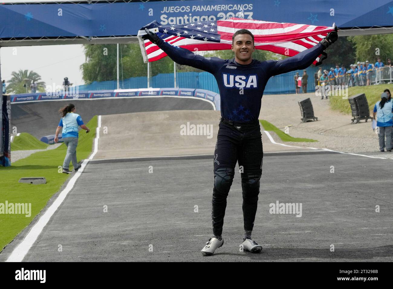 The United States´ Kamren Larsen celebrates winning Men's BMX Racing at ...