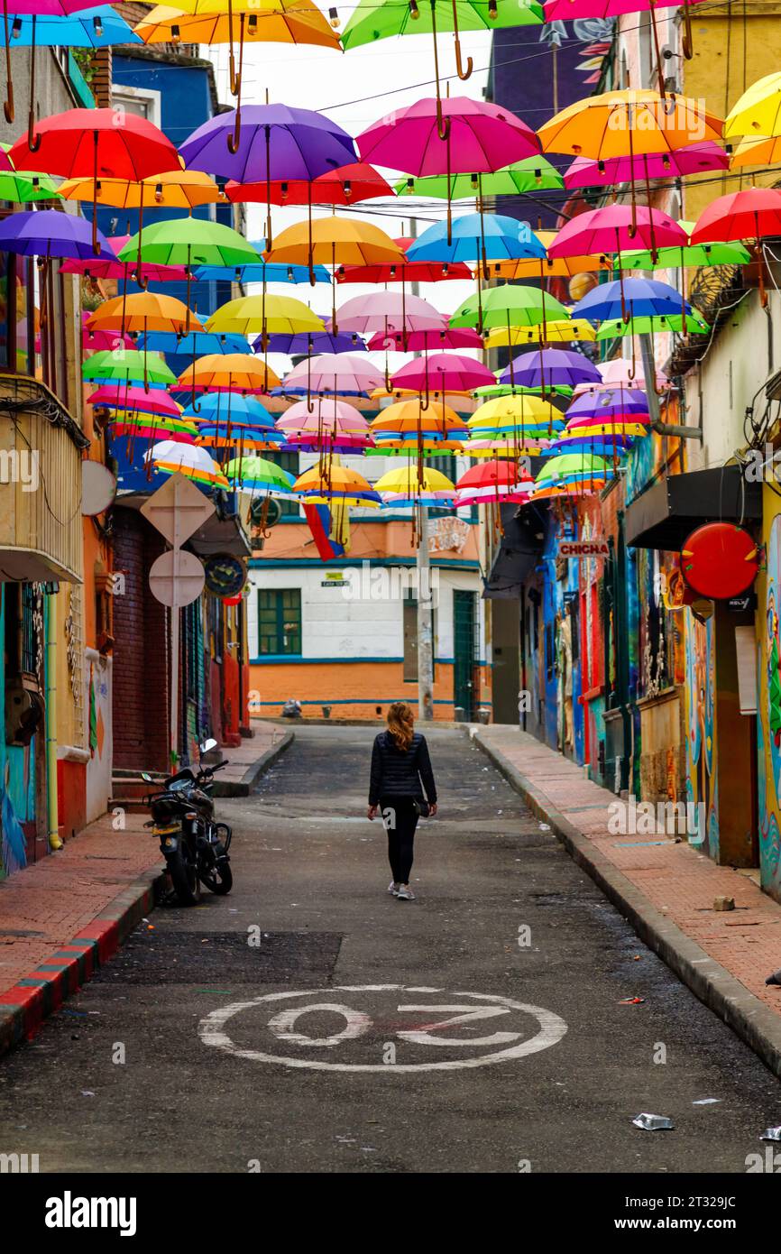 Tourist walks down a street decorated with colorful umbrellas in Bogota, Colombia Stock Photo ...