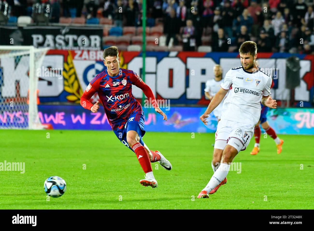Zabrze, Poland. 22nd Oct, 2023. Ante Crnac of Rakow Czestochowa and Kryspin Szczesniak of Gornik ...