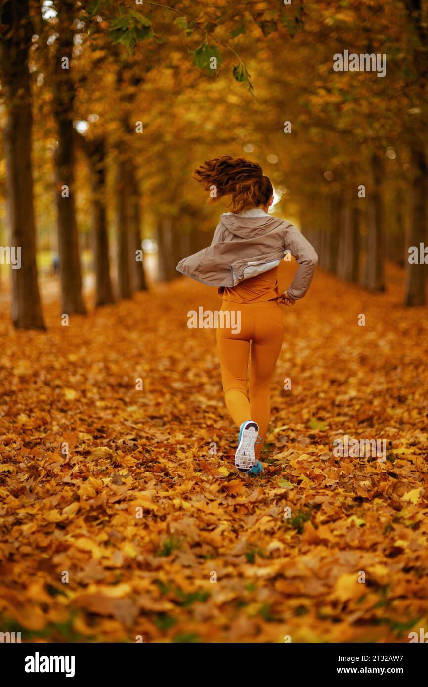 Hello autumn. Seen from behind female in fitness clothes in the park ...