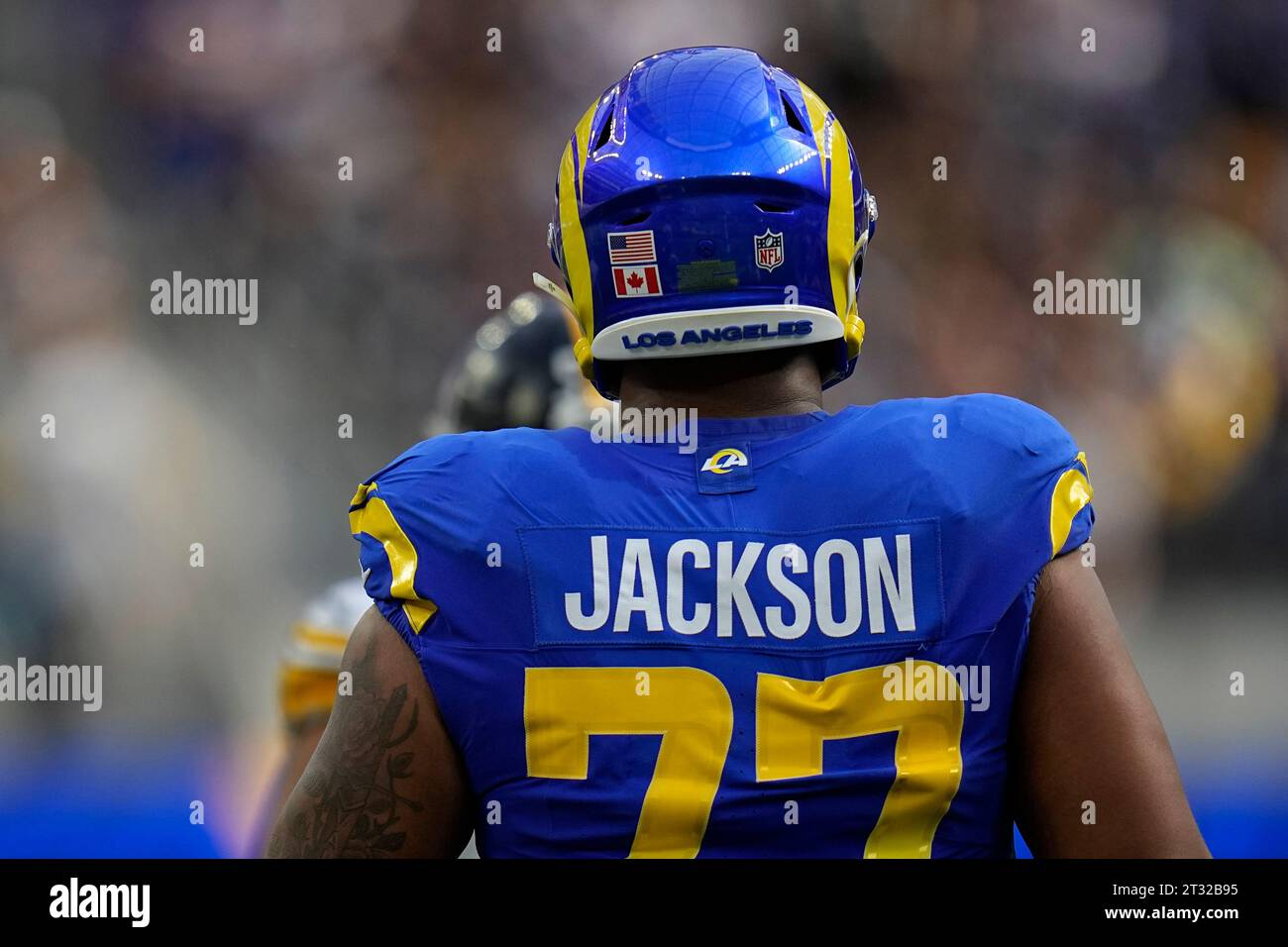 Los Angeles Rams offensive tackle Alaric Jackson stands on the field ...