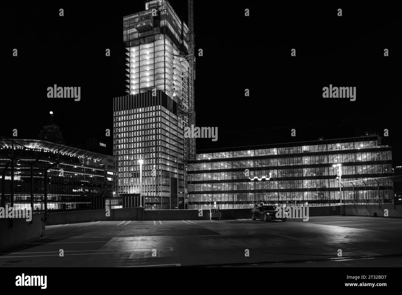 Parking garage in Detroit at night. Detroit, United States Stock Photo ...