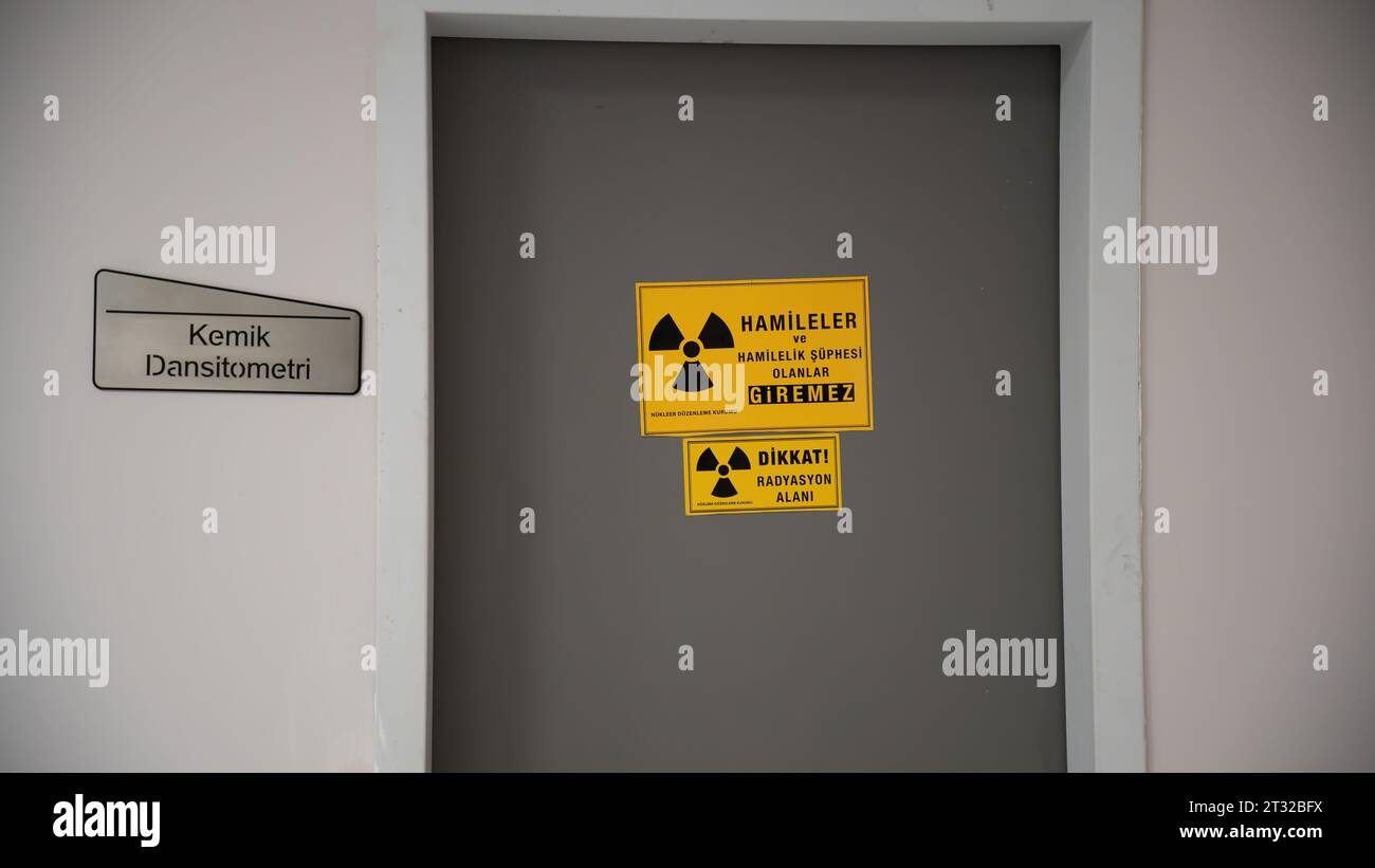 Hazard symbols in the radiology department in the hospital. Xray room ...