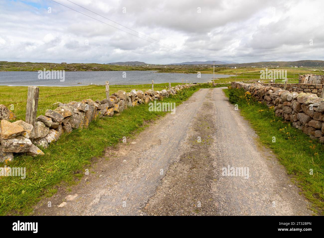 Road with Irish stone walls in Omey Island, Gooreen, Galway, Ireland ...