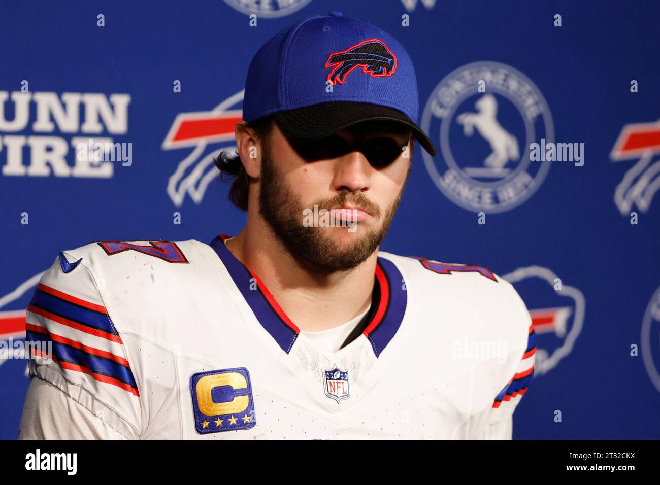 Buffalo Bills quarterback Josh Allen listens to reporter's questions ...