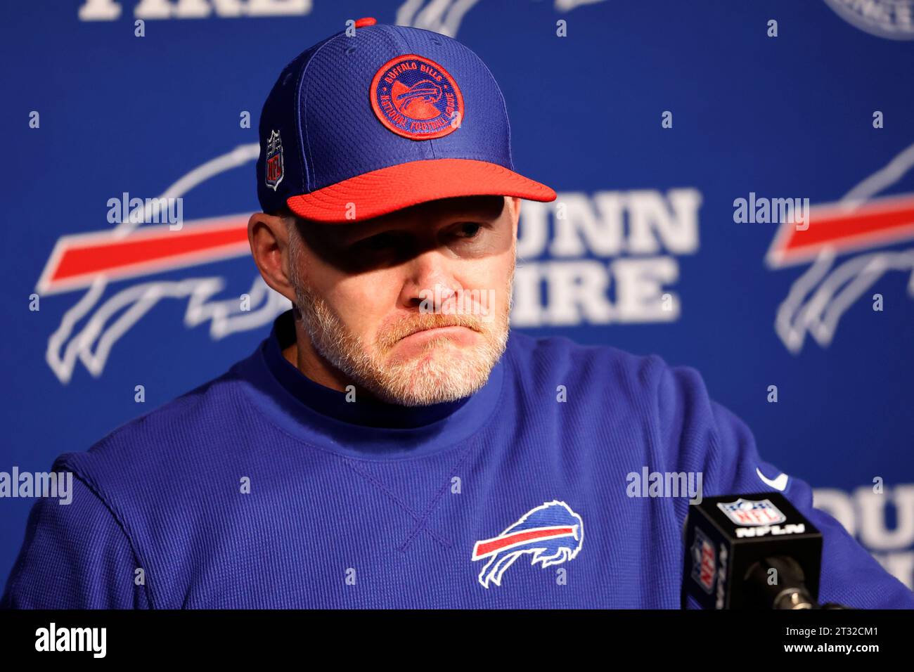 Buffalo Bills head coach Sean McDermott listens to reporter's questions ...