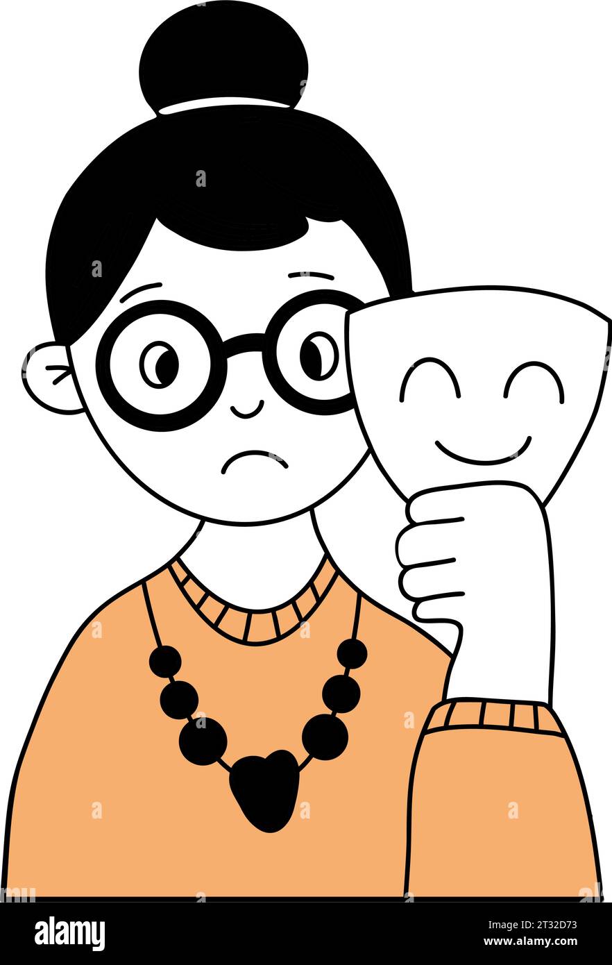Sad unhappy woman woman with happy smiling mask. Covering emotions ...