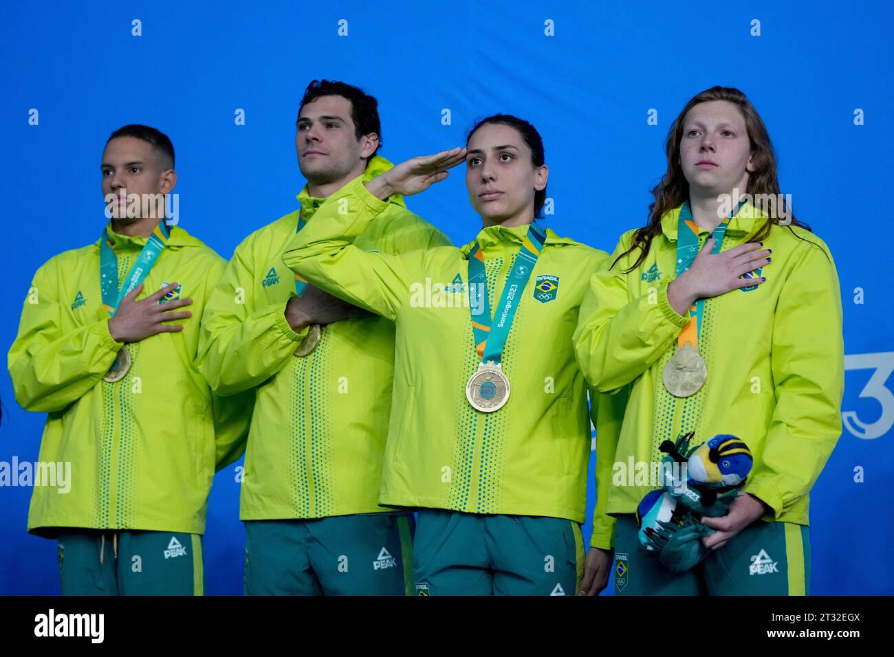 Swimmers of Brazil's pose with their gold medals at the podium of the ...