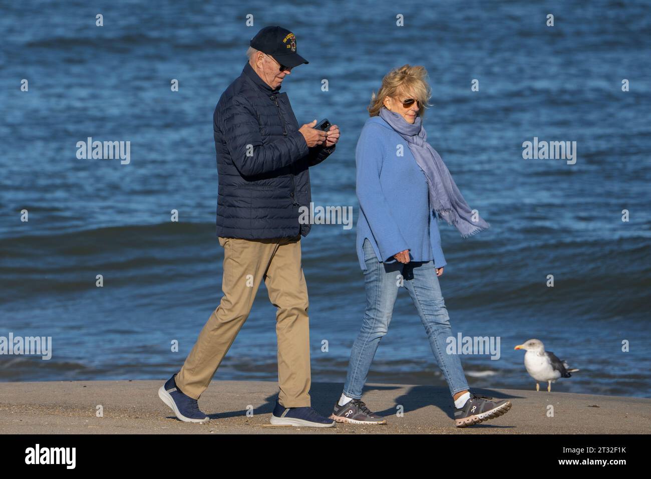 President Joe Biden and first lady Jill Biden walk by a seagull during ...