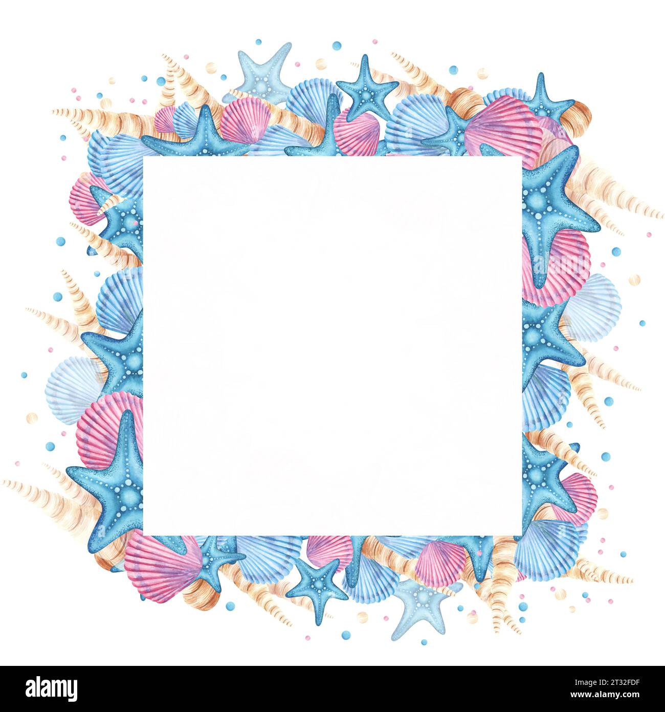 Watercolor square frame with sea shells on white background ...