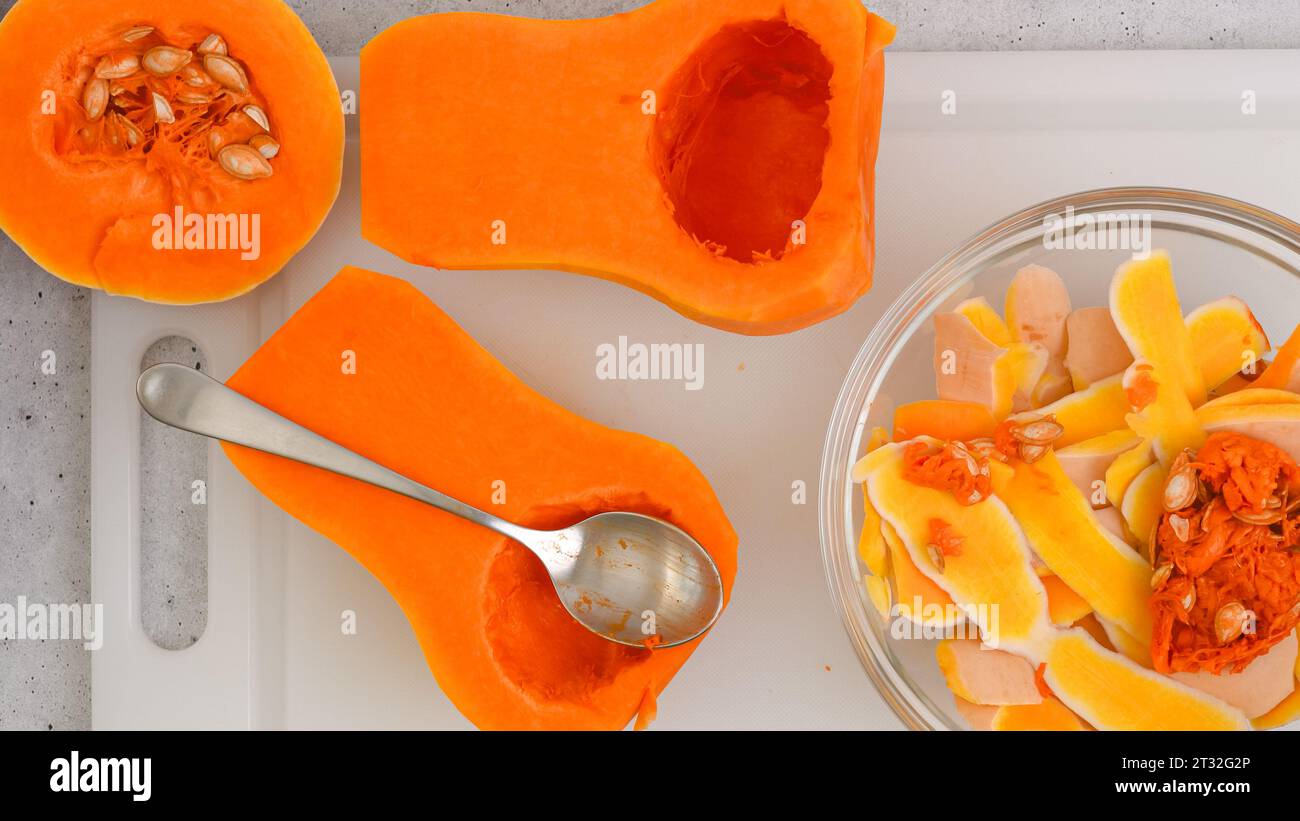 Butternut squash soup recipe. Raw vegetables close-up on the kitchen ...