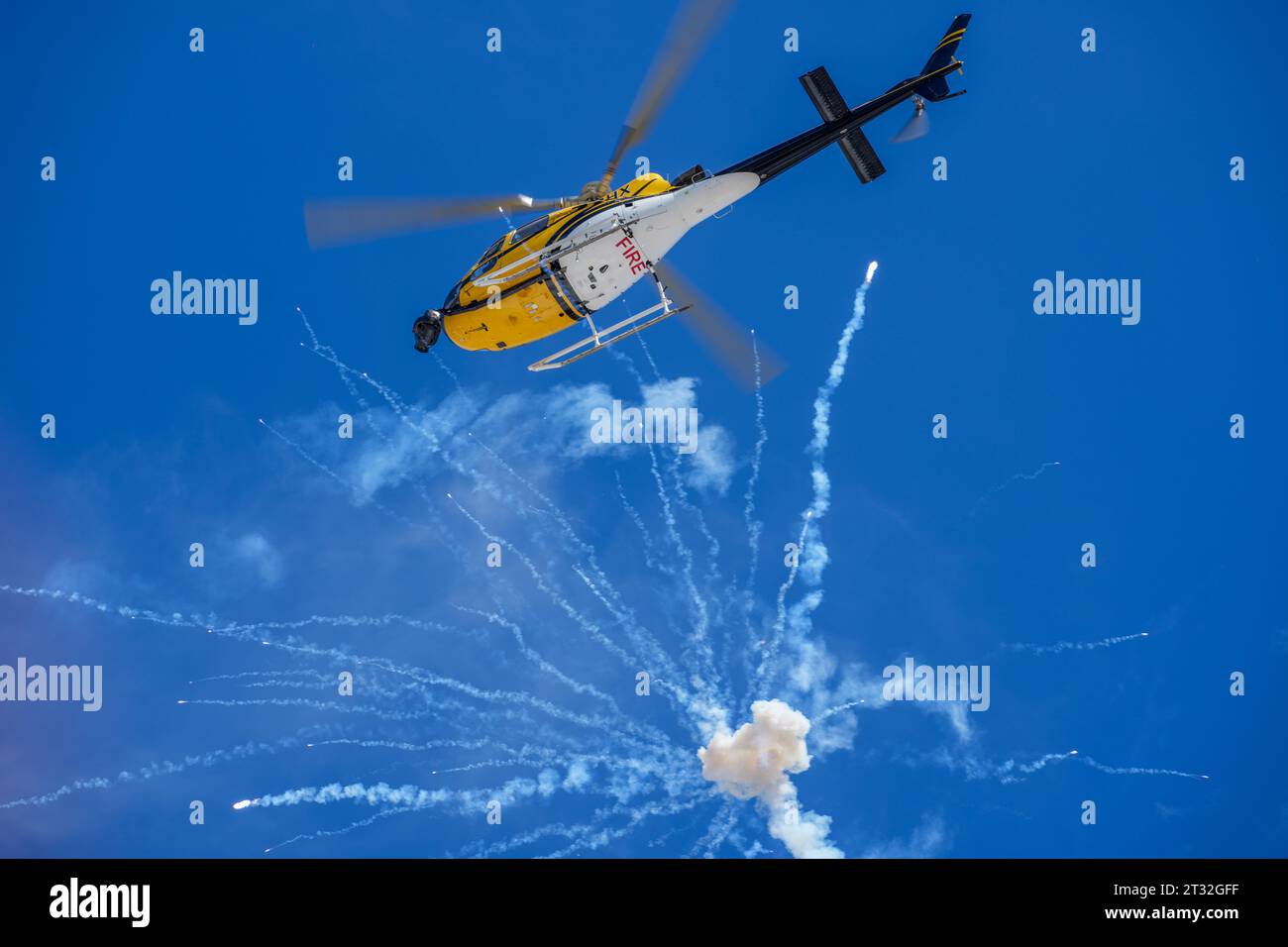 Camera helicopter flying trough the fireworks during the United States ...
