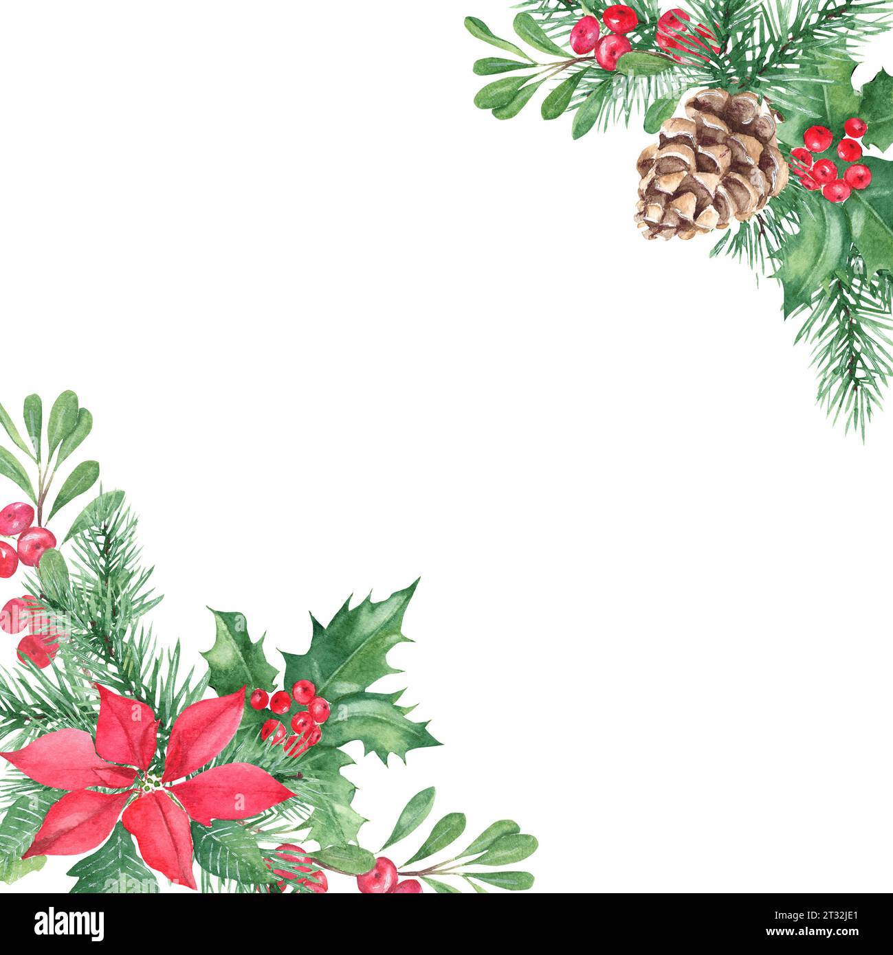 Christmas square frame, border with corner bouquets. Pine cone and ...