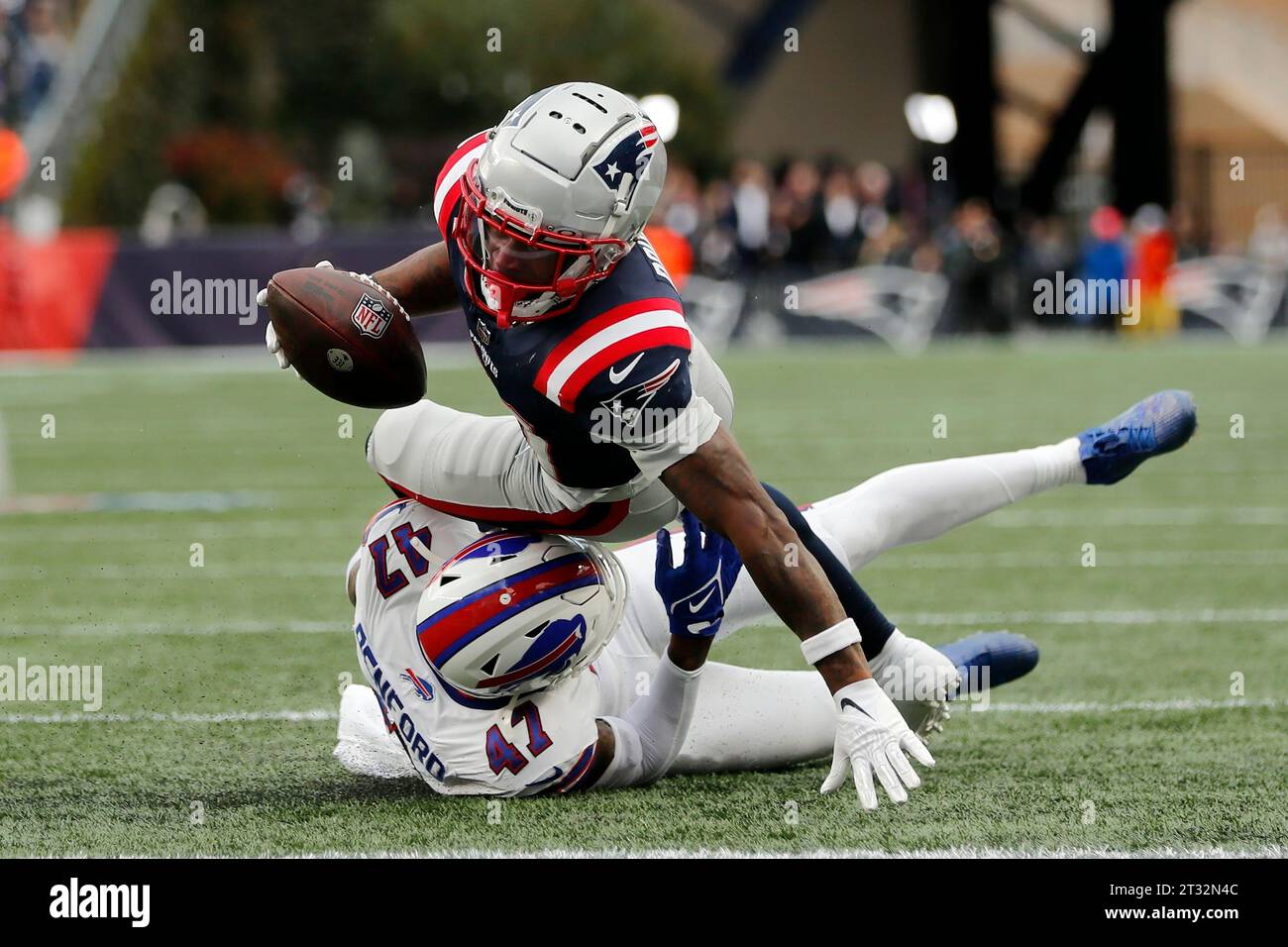 Buffalo Bills cornerback Christian Benford (47) tackles New England ...