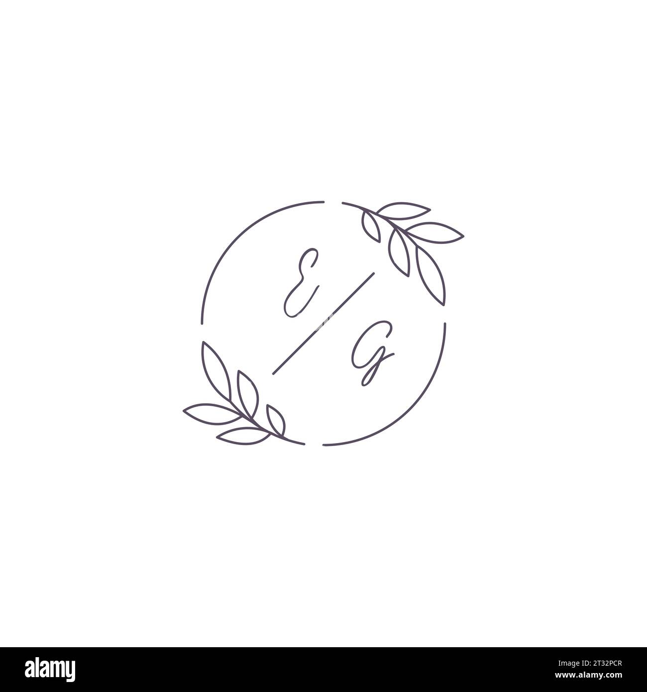 Initials EG monogram wedding logo with simple leaf outline and circle ...