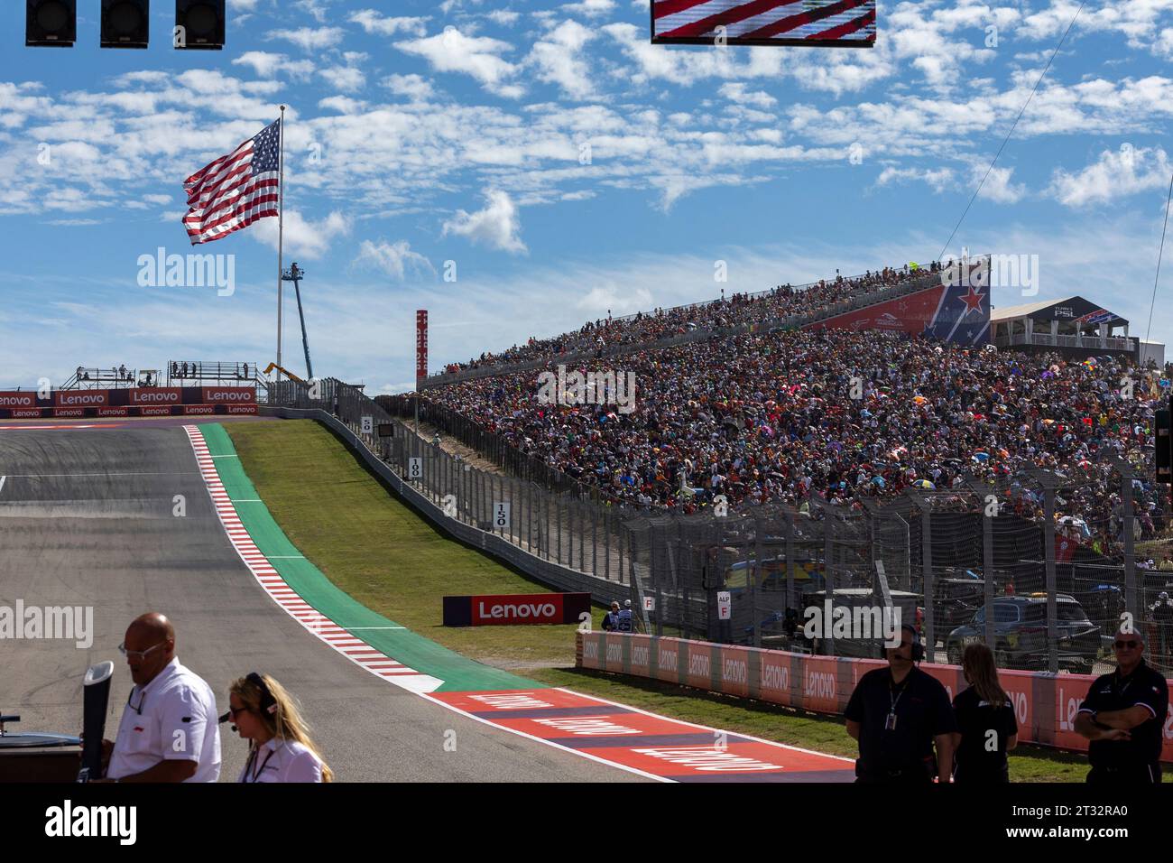 AUSTIN, TX - OCTOBER 22: the turn 1 grandstand and lawn full of fans ...