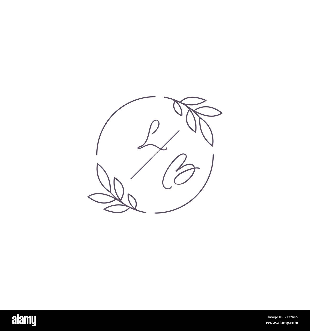 Initials LB monogram wedding logo with simple leaf outline and circle ...