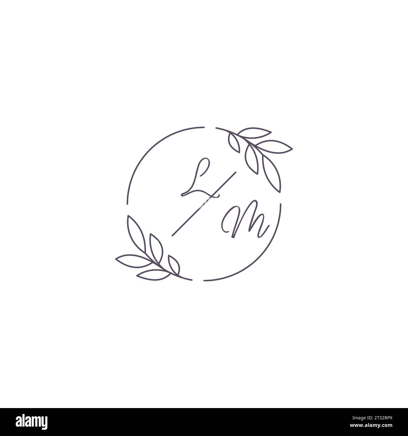 Initials LM monogram wedding logo with simple leaf outline and circle ...