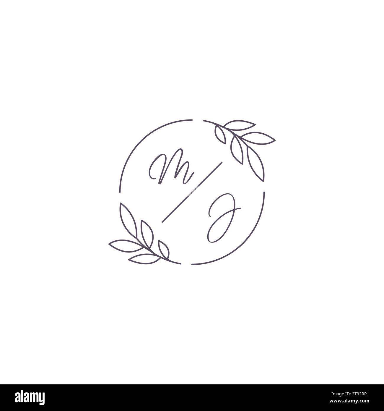 Initials MJ monogram wedding logo with simple leaf outline and circle ...