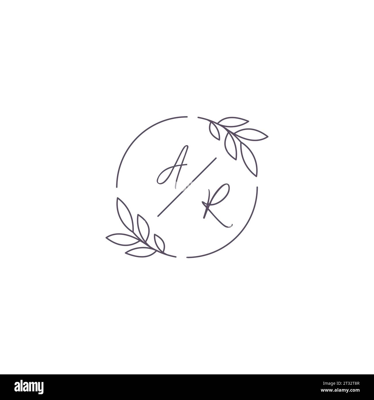 Initials AR monogram wedding logo with simple leaf outline and circle ...
