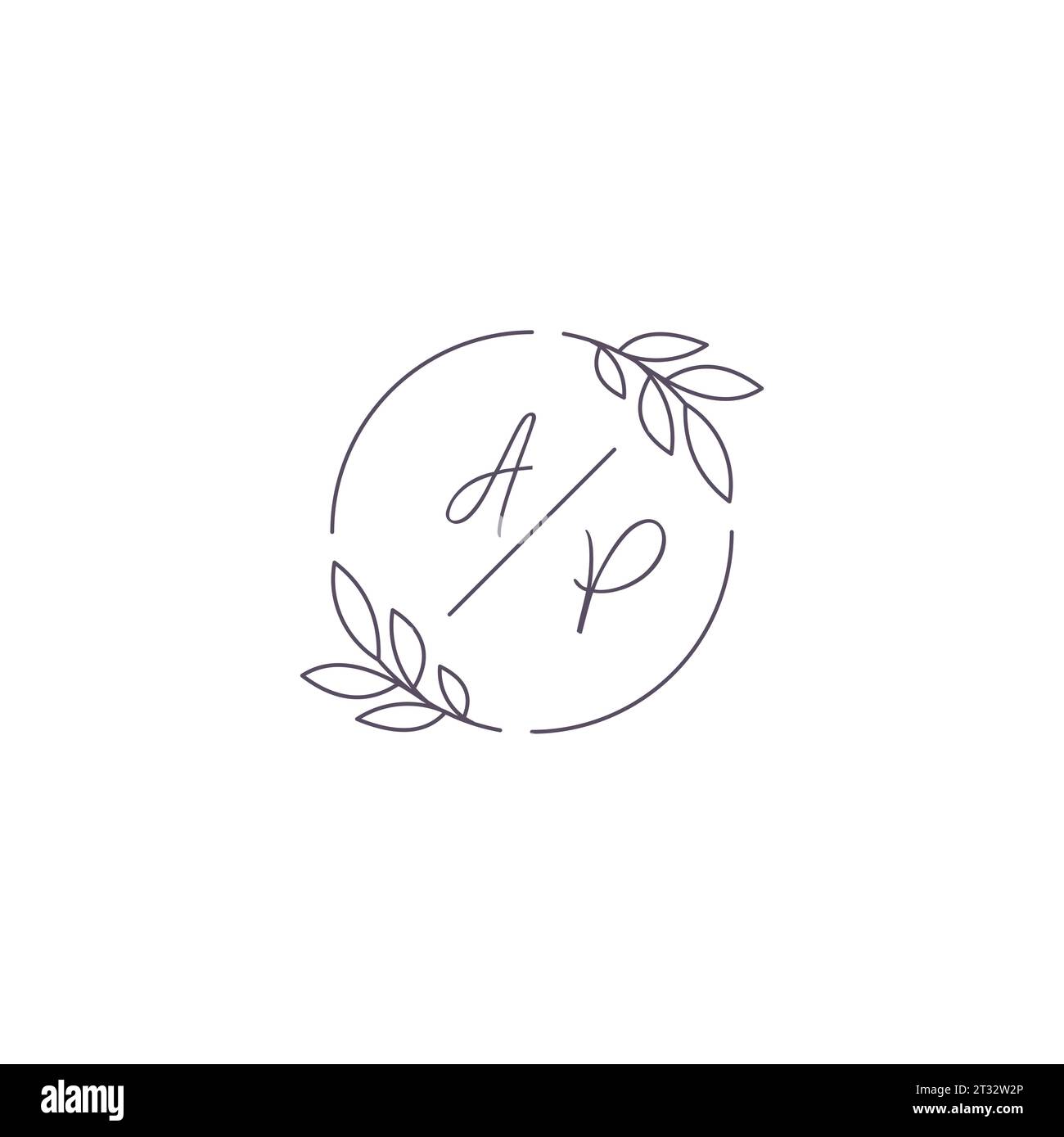 Initials AP monogram wedding logo with simple leaf outline and circle ...