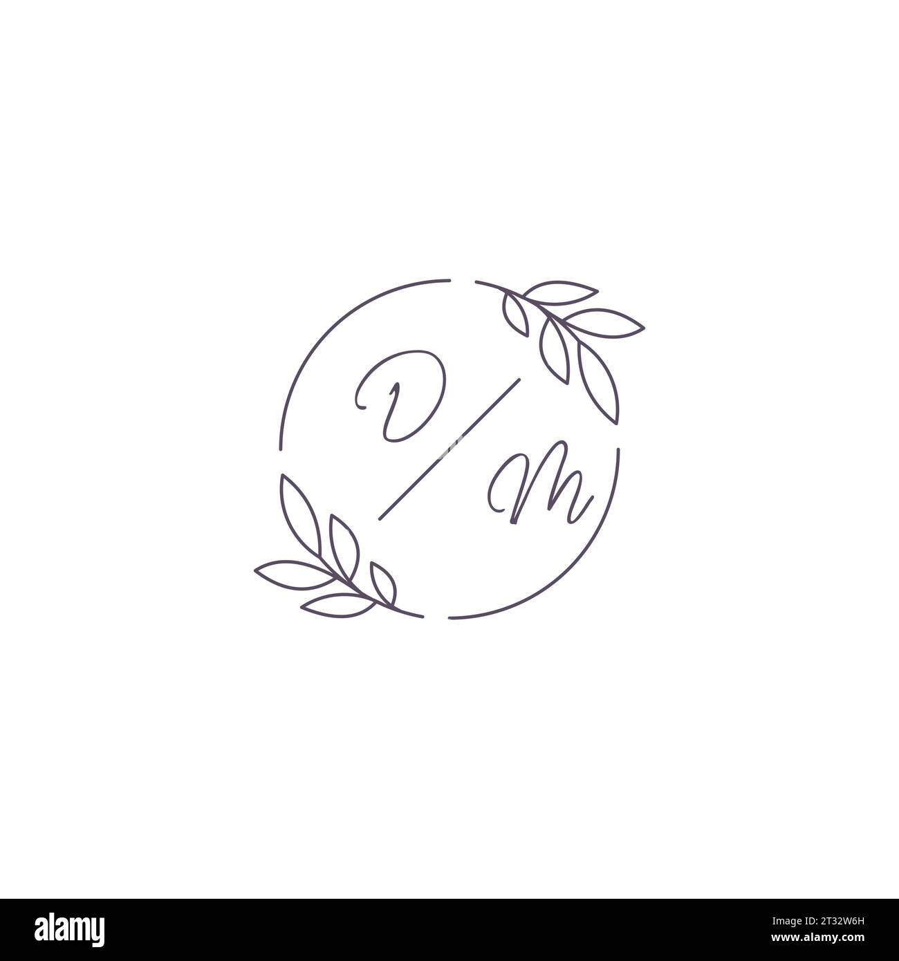 Initials DM monogram wedding logo with simple leaf outline and circle ...