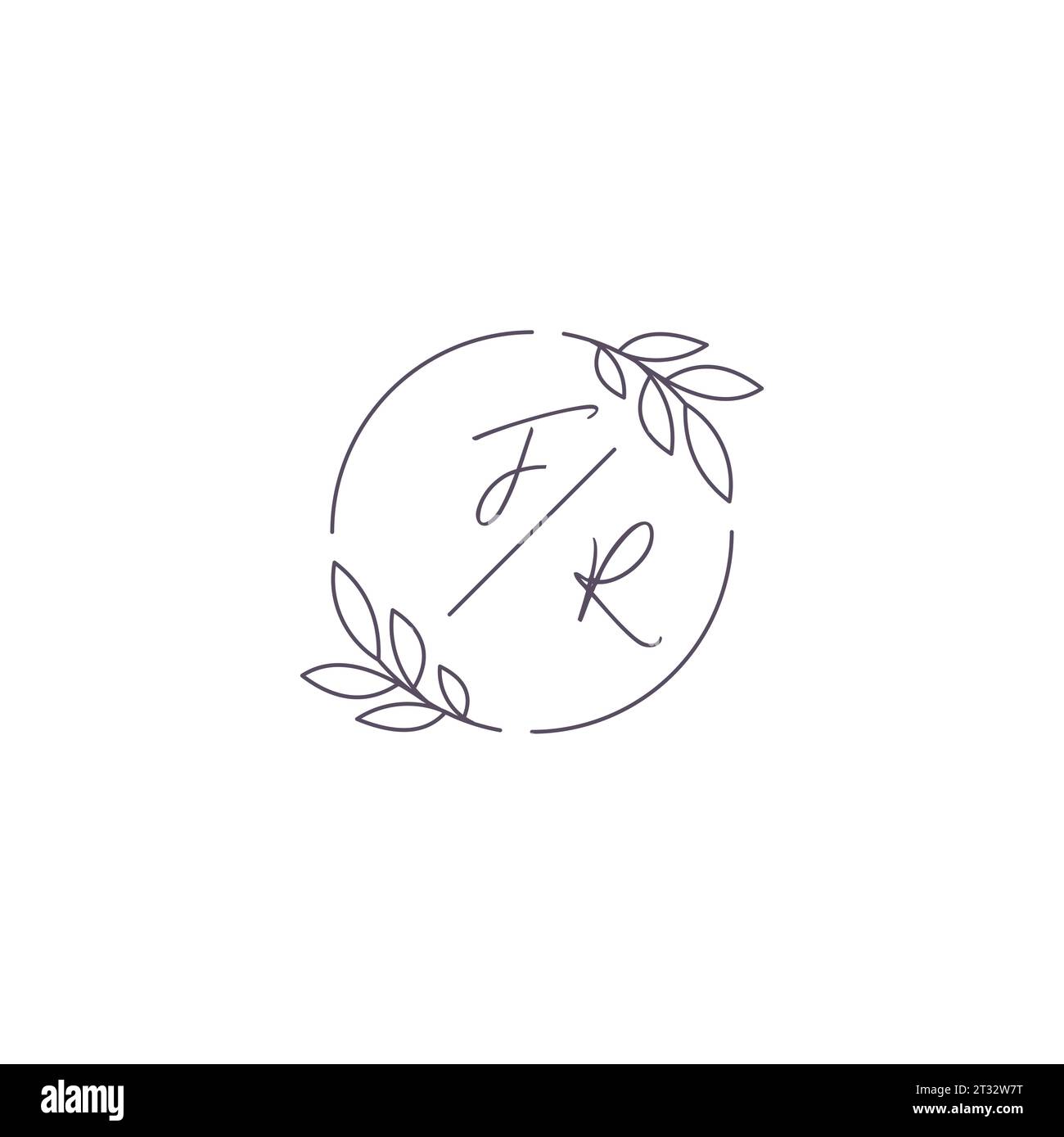 Initials FR monogram wedding logo with simple leaf outline and circle ...
