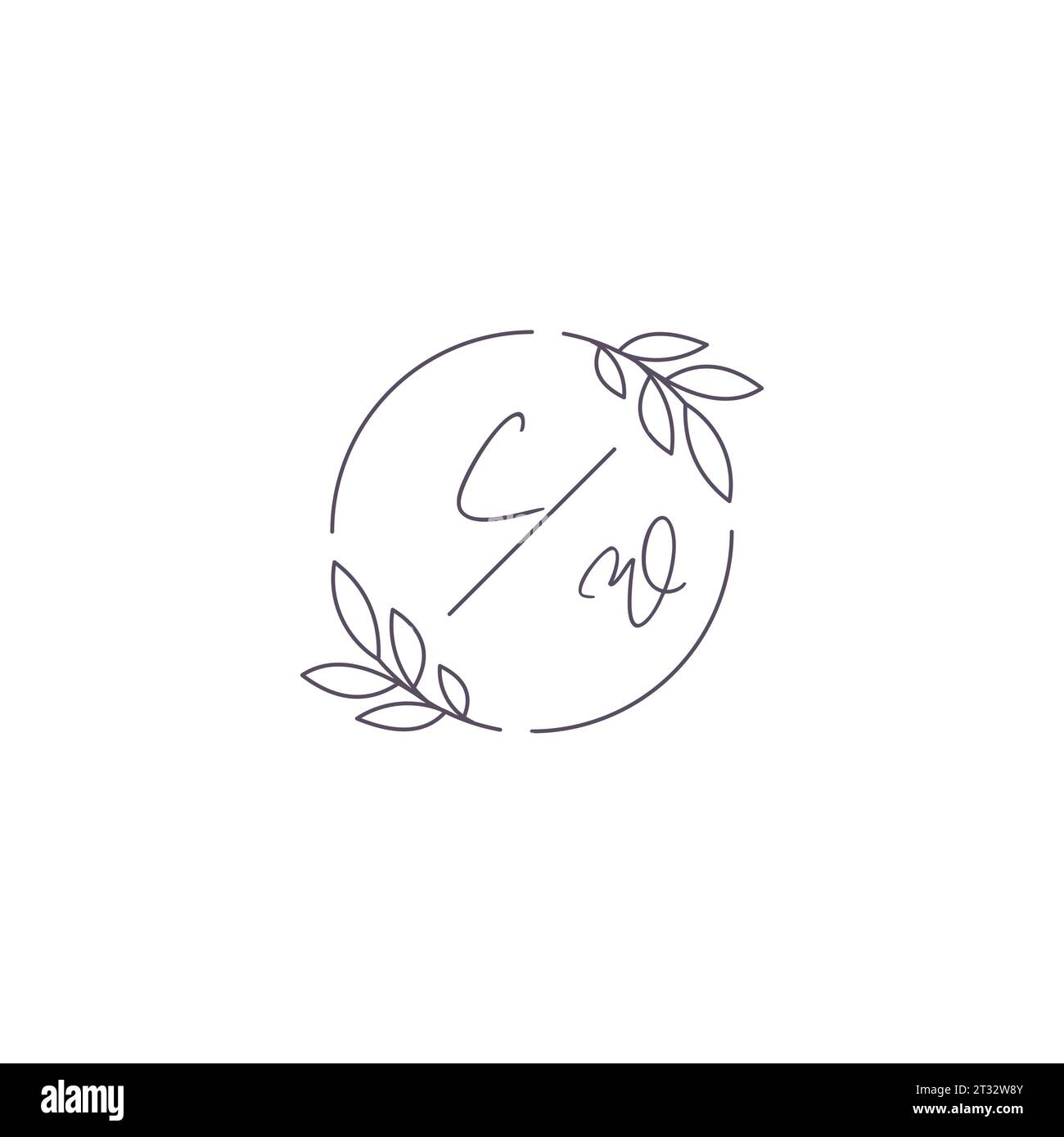 Initials CW monogram wedding logo with simple leaf outline and circle ...