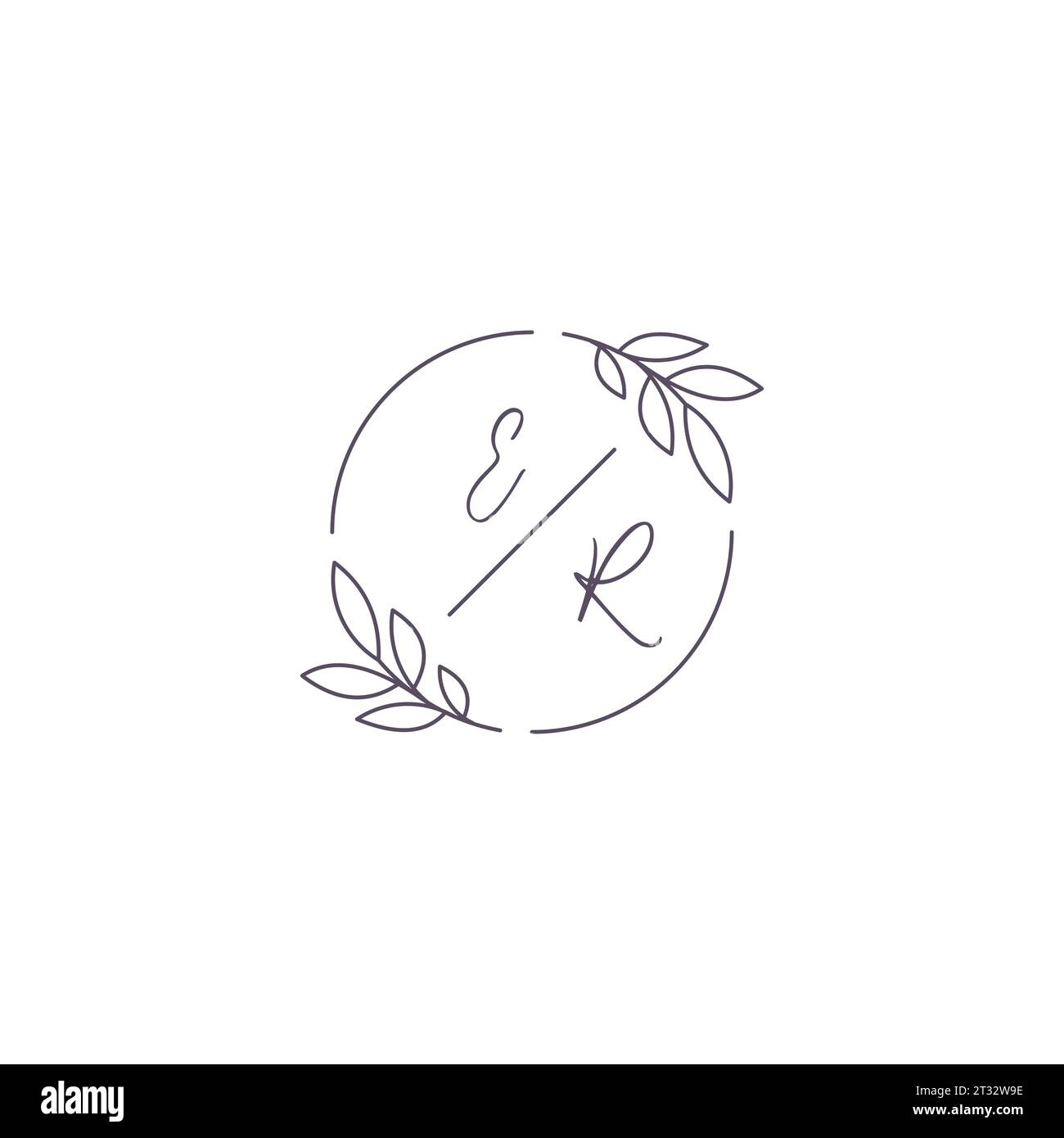 Initials ER monogram wedding logo with simple leaf outline and circle ...