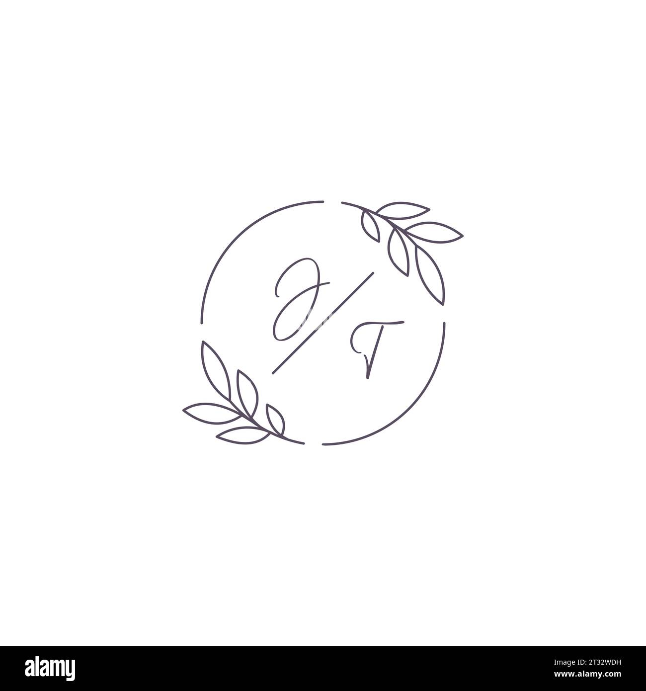 Initials JT monogram wedding logo with simple leaf outline and circle ...
