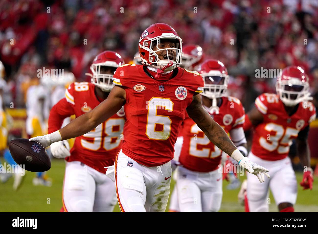 Kansas City Chiefs safety Bryan Cook (6) celebrates after intercepting ...