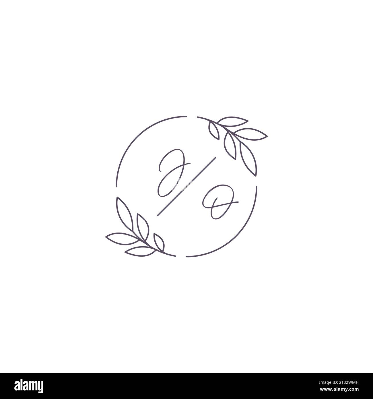 Initials JO monogram wedding logo with simple leaf outline and circle ...