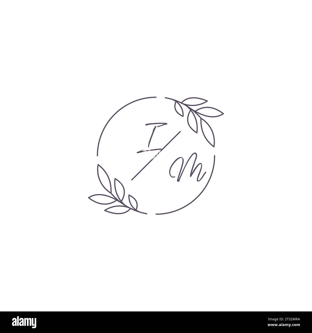 Initials IM monogram wedding logo with simple leaf outline and circle ...