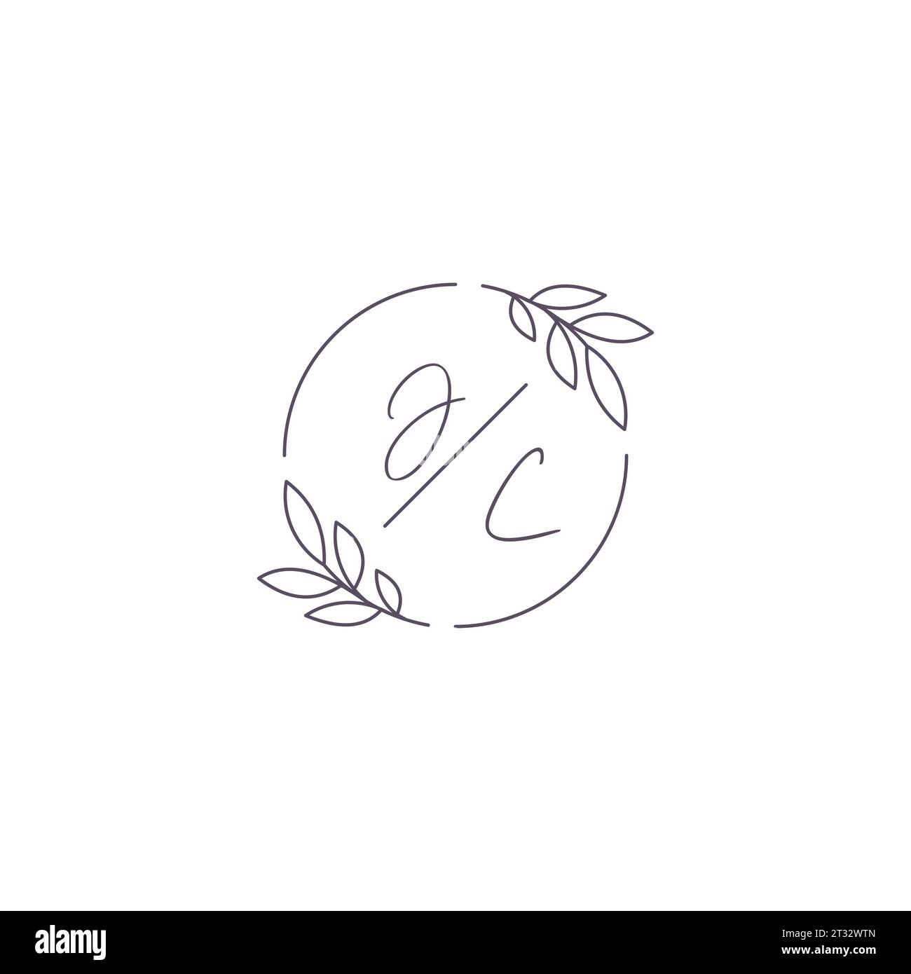 Initials JC monogram wedding logo with simple leaf outline and circle ...