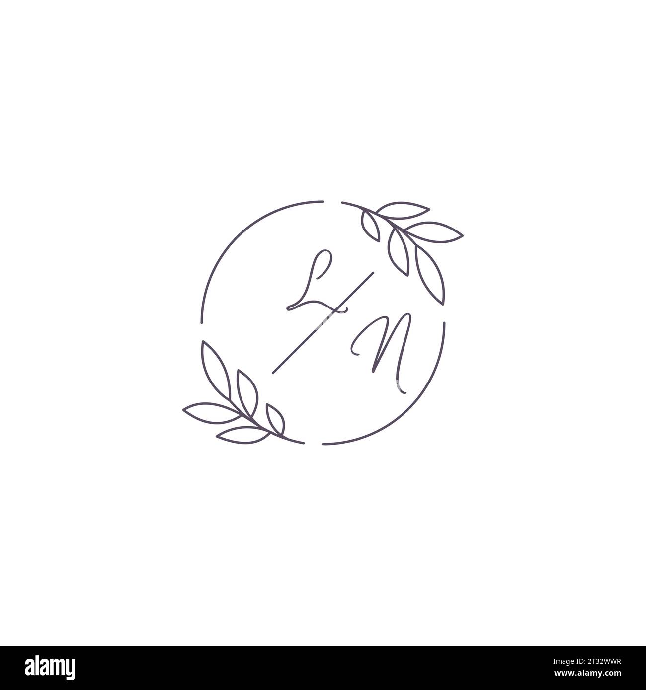 Initials LN monogram wedding logo with simple leaf outline and circle ...