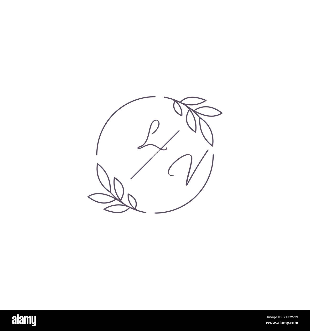 Initials LV monogram wedding logo with simple leaf outline and circle ...
