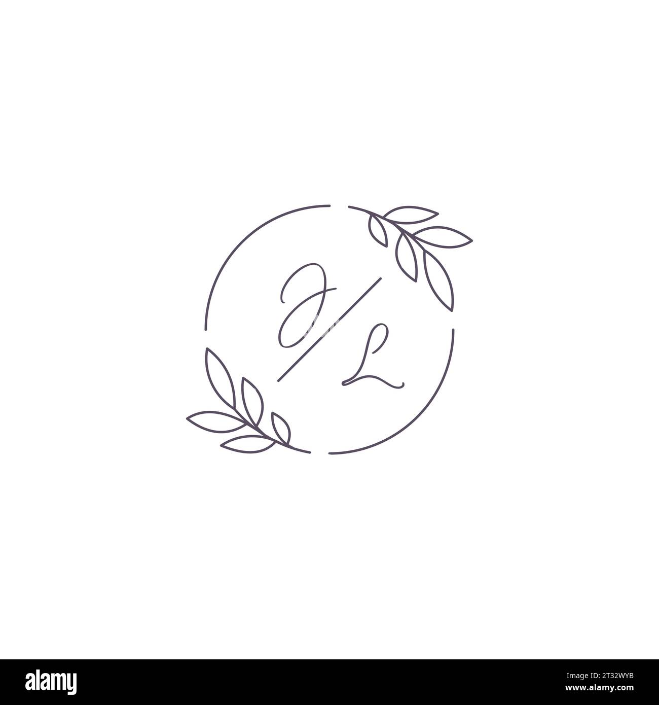 Initials JL monogram wedding logo with simple leaf outline and circle ...