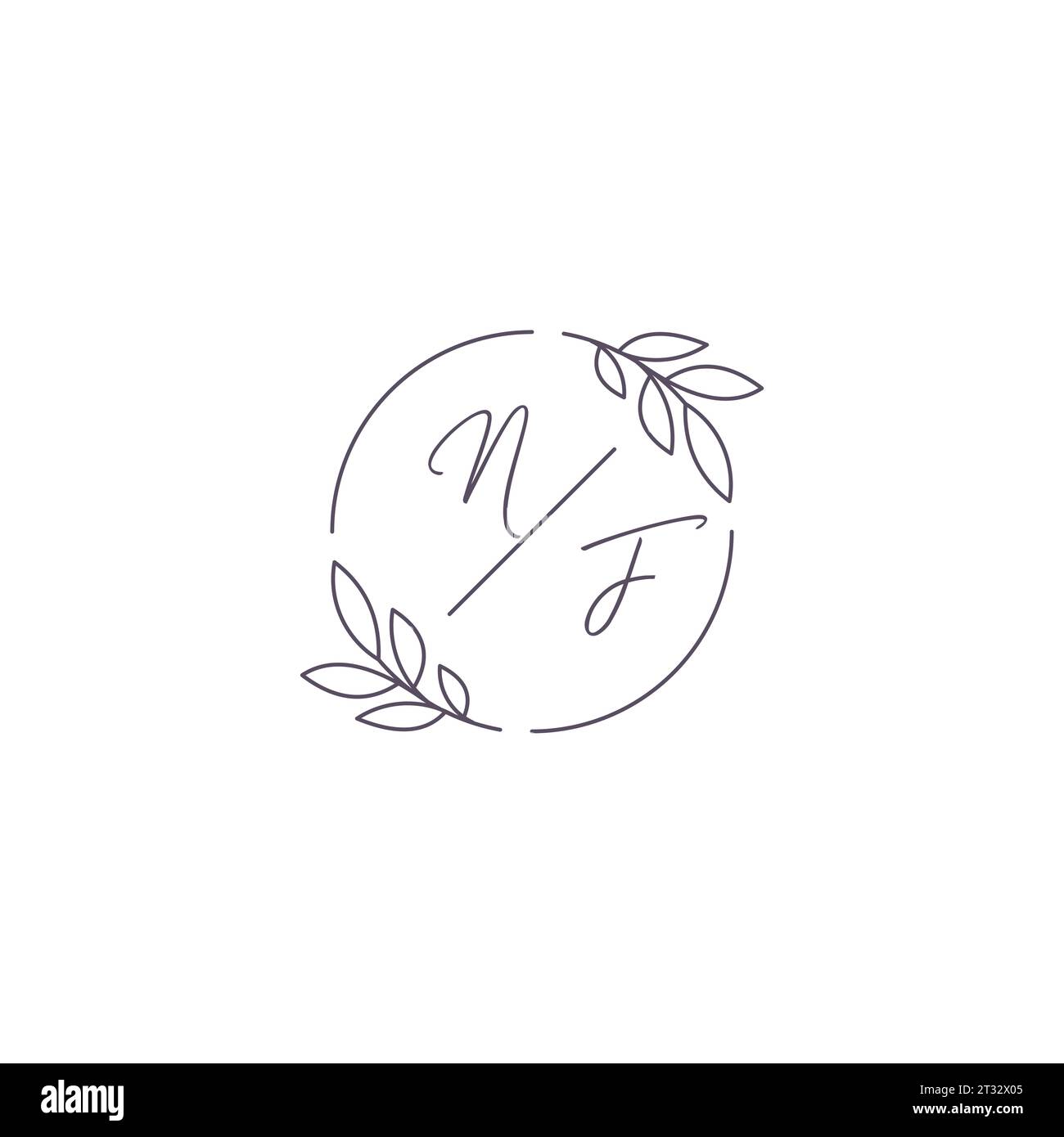 Initials NF monogram wedding logo with simple leaf outline and circle ...