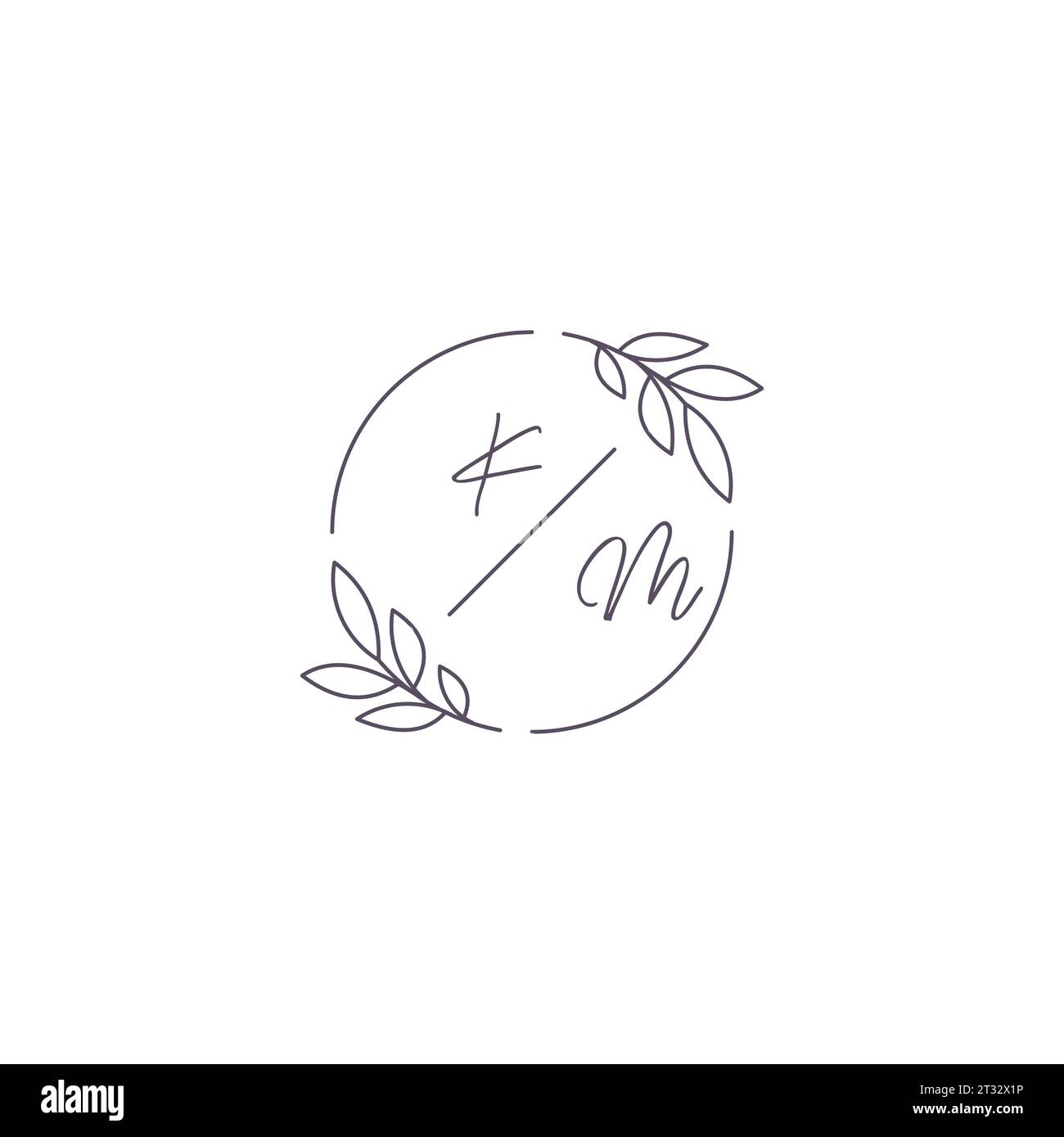 Initials KM monogram wedding logo with simple leaf outline and circle ...