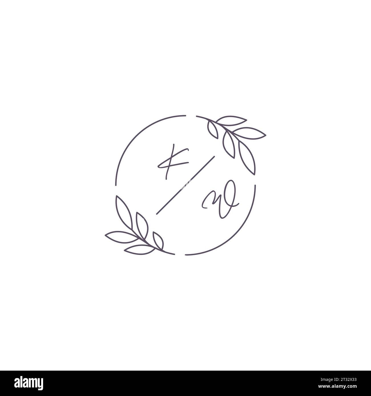 Initials KW monogram wedding logo with simple leaf outline and circle ...
