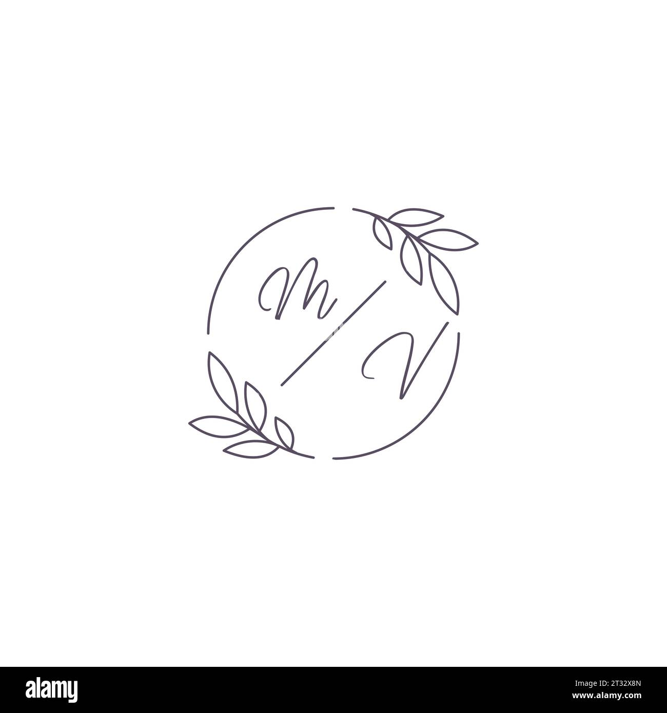 Initials MV monogram wedding logo with simple leaf outline and circle ...