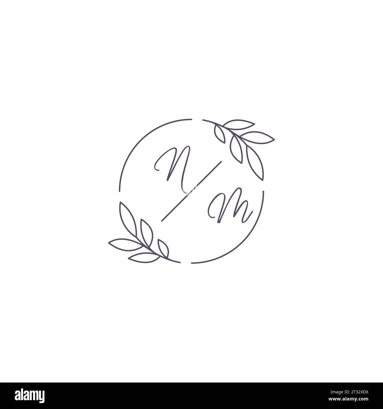 Initials NM monogram wedding logo with simple leaf outline and circle ...