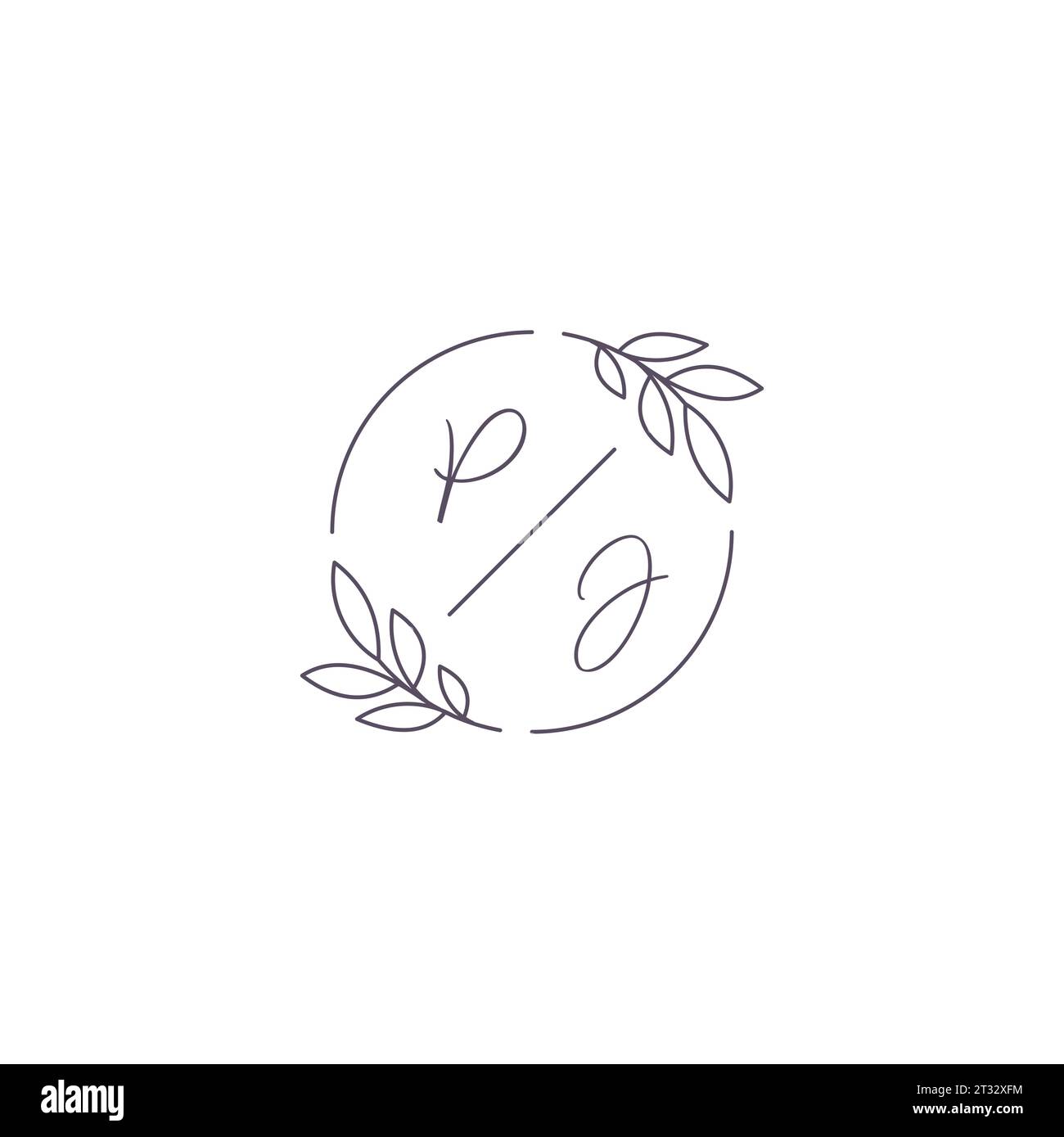Initials PJ monogram wedding logo with simple leaf outline and circle ...