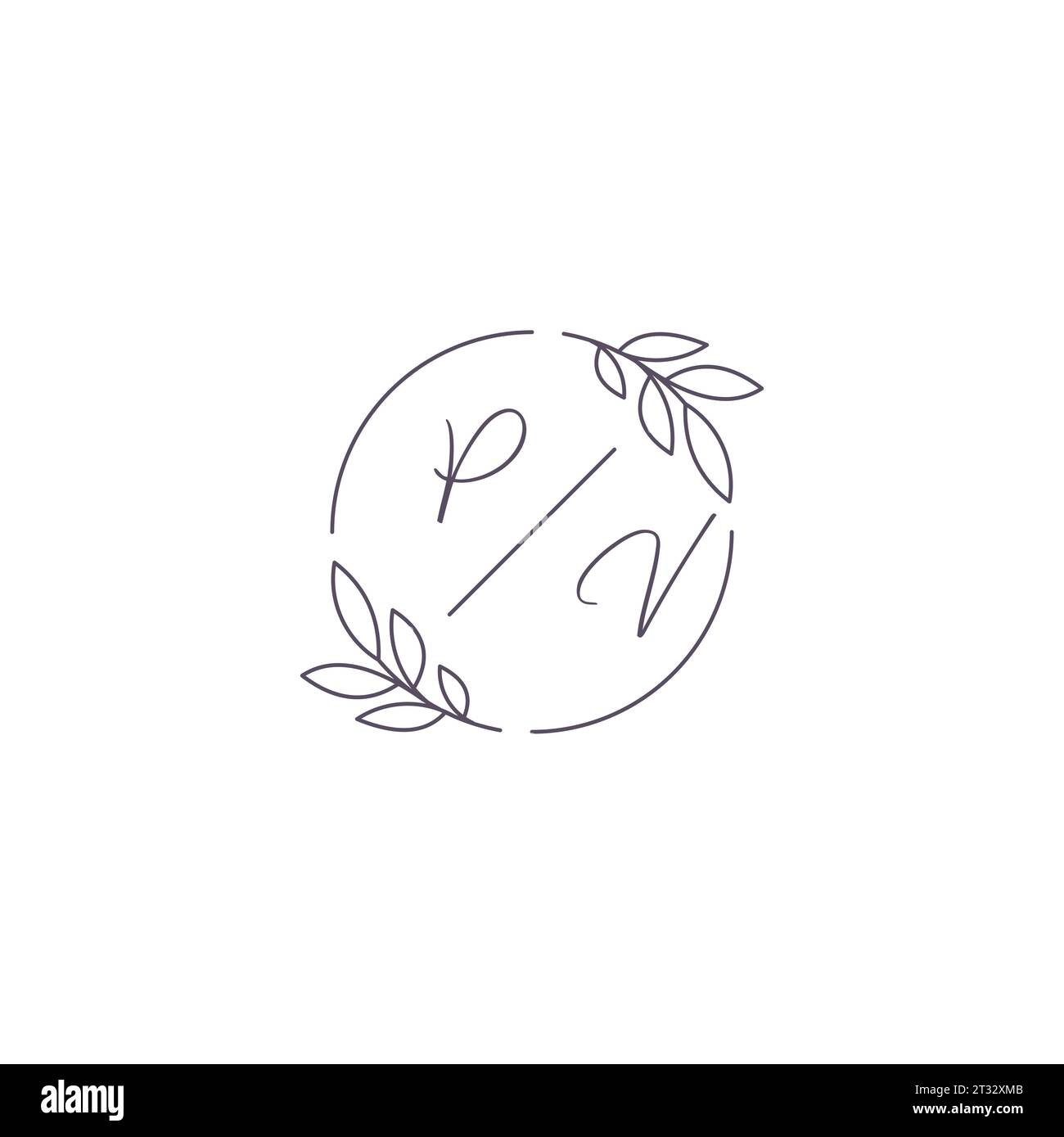 Initials PV monogram wedding logo with simple leaf outline and circle ...