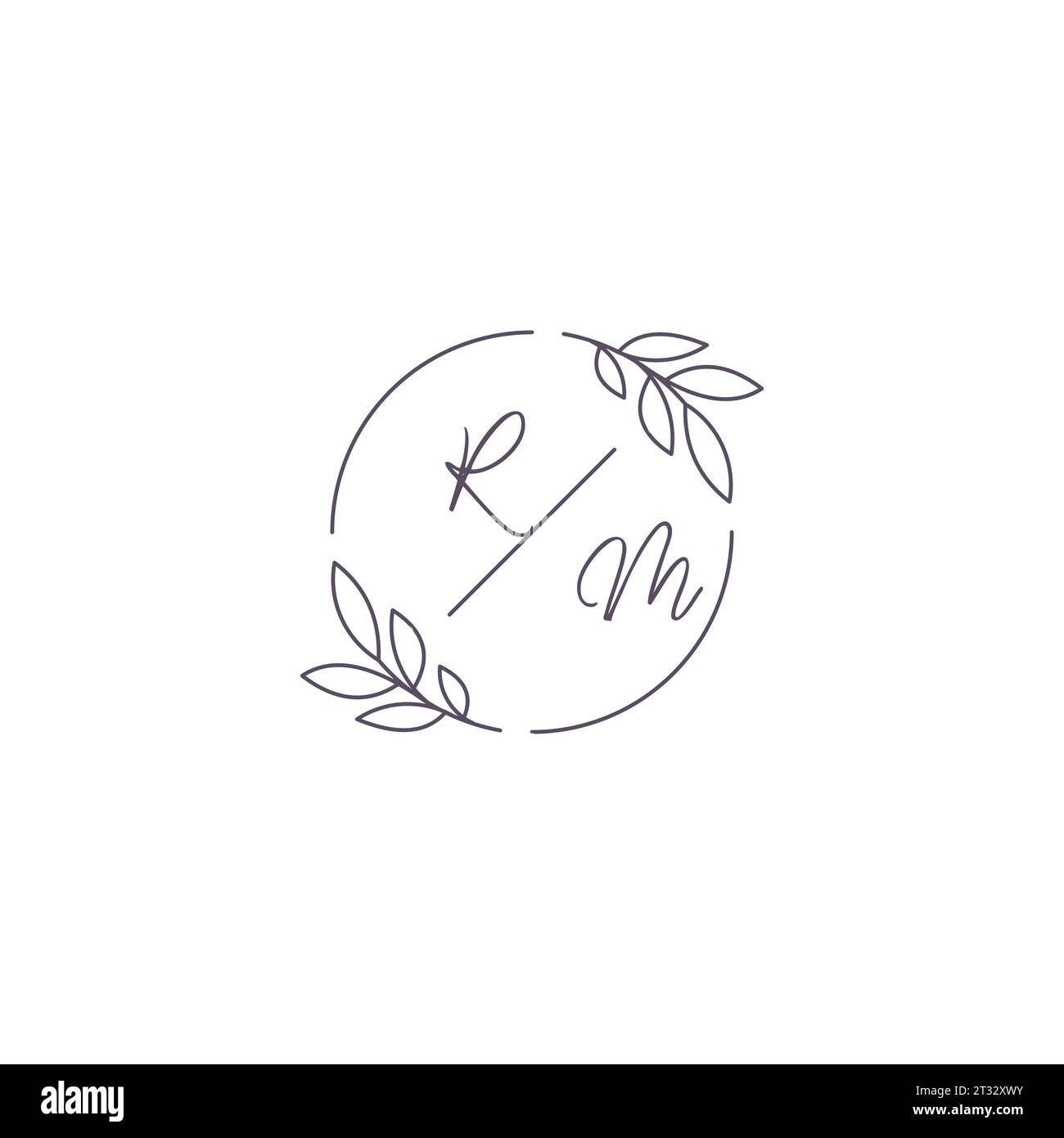 Initials RM monogram wedding logo with simple leaf outline and circle ...