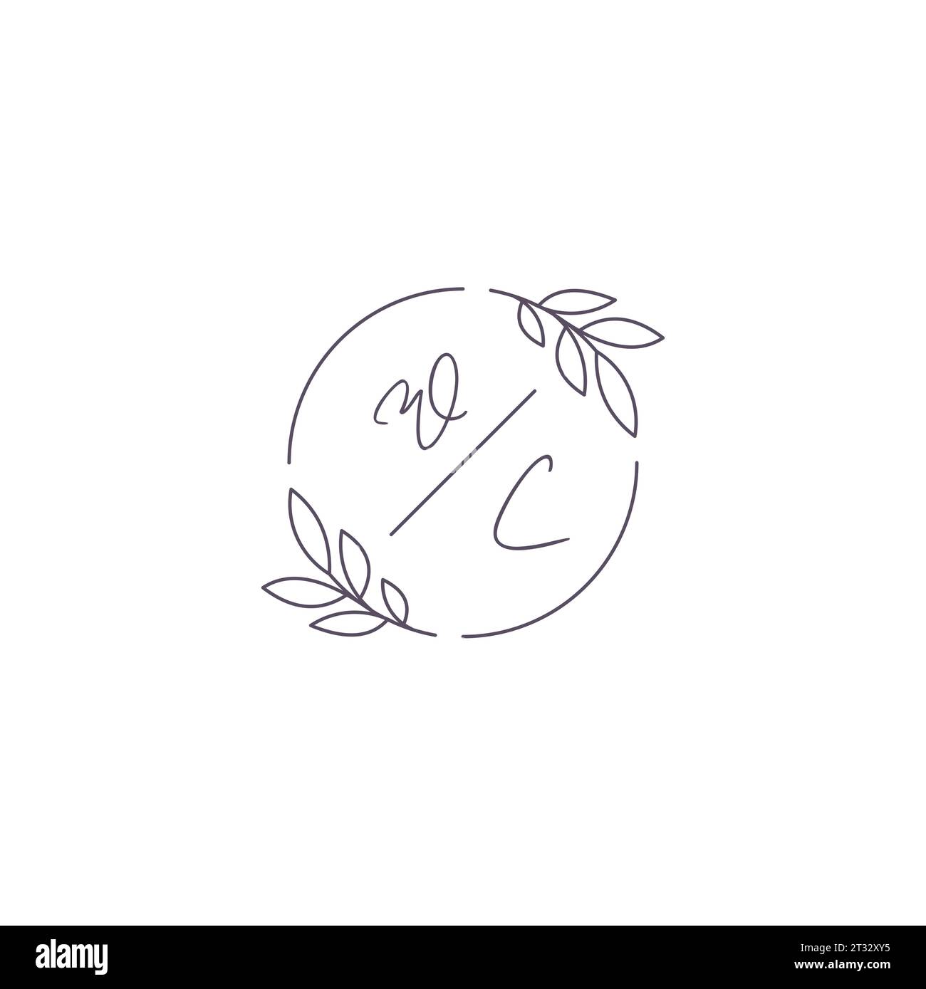 Initials WC monogram wedding logo with simple leaf outline and circle ...