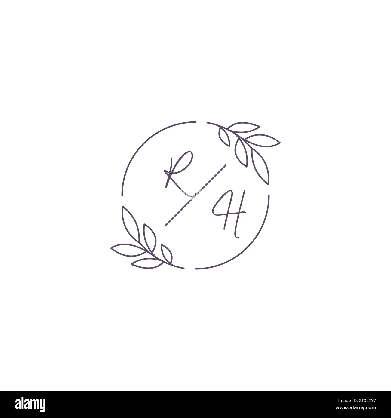 Initials RH monogram wedding logo with simple leaf outline and circle ...